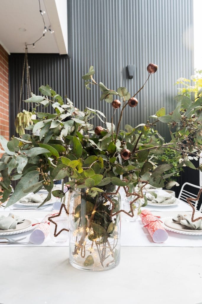 Bronze and olive green outdoor Christmas table setting | SC